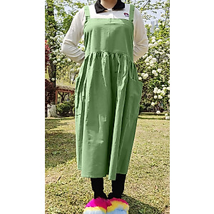 losofar Cotton Linen Square Dress Overalls Kitchen Gardening Solid Color Apron Flower Shop Smock (Green, 92cmx110cm)