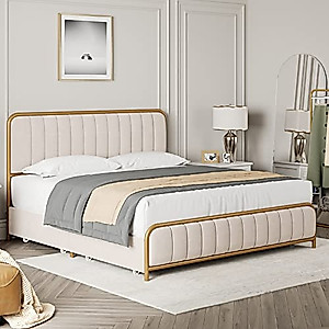 HITHOS Upholstered Queen Size Bed Frame with 4 Storage Drawers and Headboard, Heavy Duty Metal Mattress Foundation with Wooden Slats, Easy Assembly, No Box Spring Needed (Golden/Off White, Queen)