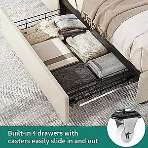 YITAHOME Bed Frame Queen Size, Led Bed Frame with 4 Storage Drawers, Adjustable Upholstered Headboard Platform Bed with Wooden Slats Support, No Box Spring Needed, Beige