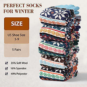 coclothy Women's 5 Pairs Thick Wool Socks, Argyle, Free Size, Cold Weather, Knit, Comfortable, Crew Length, Hiking, Socks