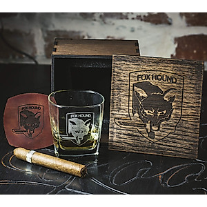 Handcrafted Whiskey Gift Set with Custom Glass, Engraved Wood Box, and Leather Coaster - Stylish Gifts for Game Fan - Unique Present for Him (Fox Hound)