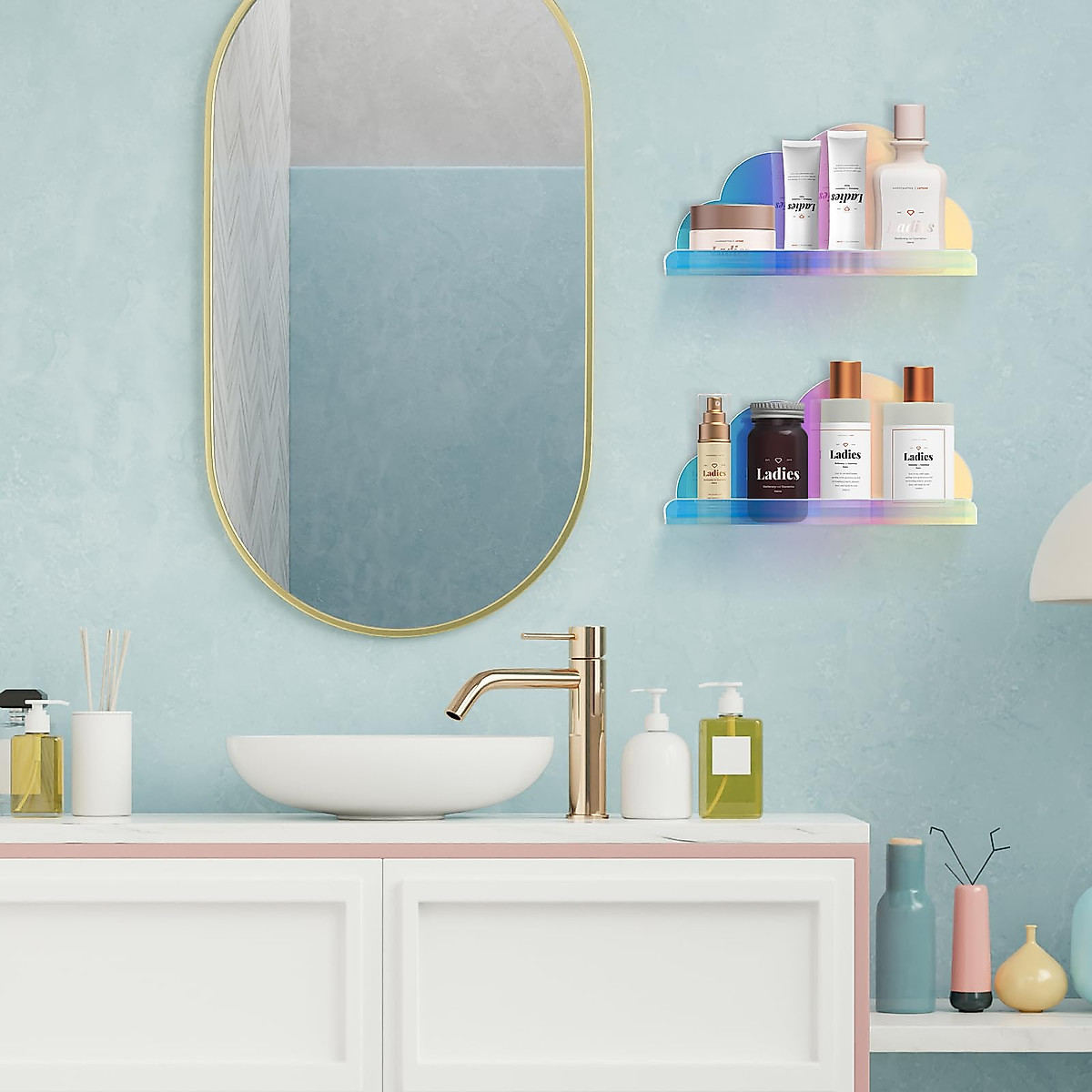 NiHome Iridescent Acrylic Floating Shelves, 2 Pack Cloud Shelves - Large Floating Shelf for Wall, Wall Mountable and Multi-Functional for Home Décor, Bathroom, Kitchen, Bedroom (Large, 2 Pack)