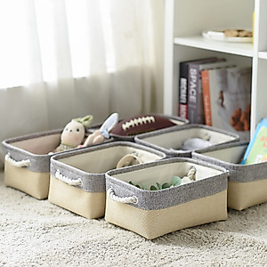 Jtirey Small Storage Baskets [10-Pack] Fabric Storage Bins 12"Lx 8"Wx 5"H Baskets for Shelves, Collapsible Clothes Baskets with Rope Handles for Organizing Dog Toys, Nursery Storage Basket (Grey&Gold)