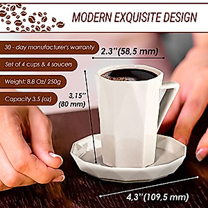 Porcelain Espresso Cups Set of 4 with Saucers - Comes with a Complimentary Espresso Drink Poster - Modern Dishwasher Safe Espresso Cup Set in Gift Box for any Occasion - 3.5 oz each, Ivory White.