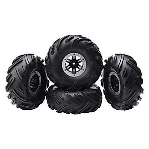 Rchobbytop 4-Pack RC 2.2" Tires Inflatable OD 140mm Mud Badland Tractor Tread Tyres and 12mm Wheel Rims Lock Nuts for 1/10 Rock Crawler Monster Truck Traxxas Maxx Axial RC4WD, Silver