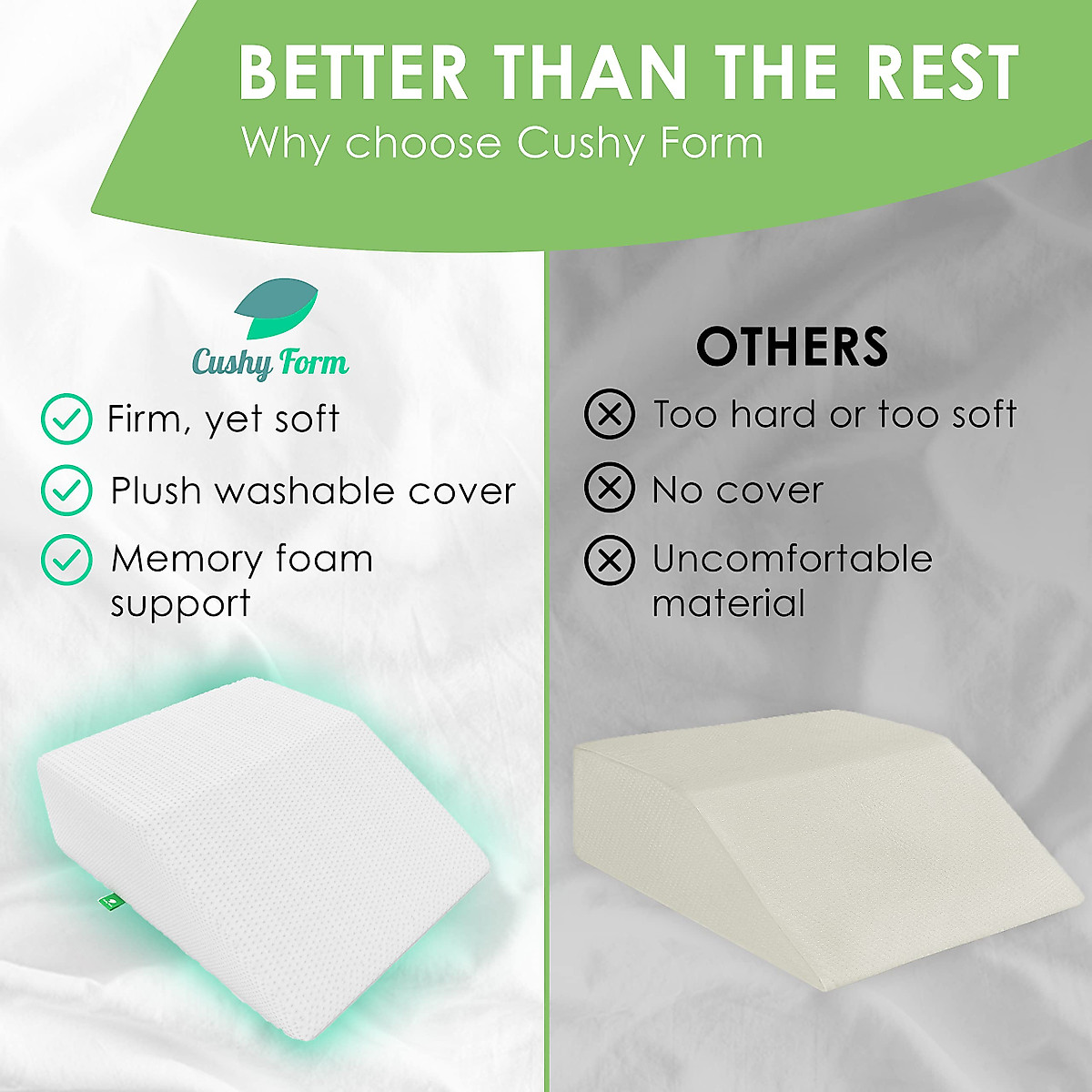 Cushy Form Wedge Pillows - 8 Inch Leg Pillows for Sleeping, Post-Surgery, Back, Hip and Knee Discomfort w/Washable Cover - White