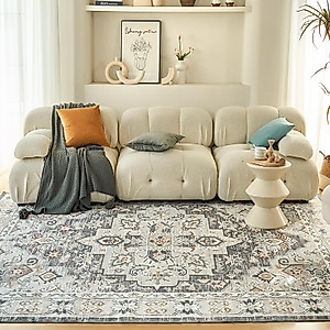 OIGAE Washable Rug 8x10, Vintage Medallion Area Rugs with Non-Slip Backing, Non-Shedding Floor Mat Throw Carpet for Living Room Bedroom Kitchen Laundry Home Office, Light Grey