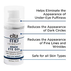 EltaMD Renew Eye Gel, Under Eye Gel For Puffiness, Wrinkles, Dark Circles, Helps Reduce Fine Lines And Wrinkles, Anti Aging Serum For Face, Oil Free Formula, 0.5 Oz Pump