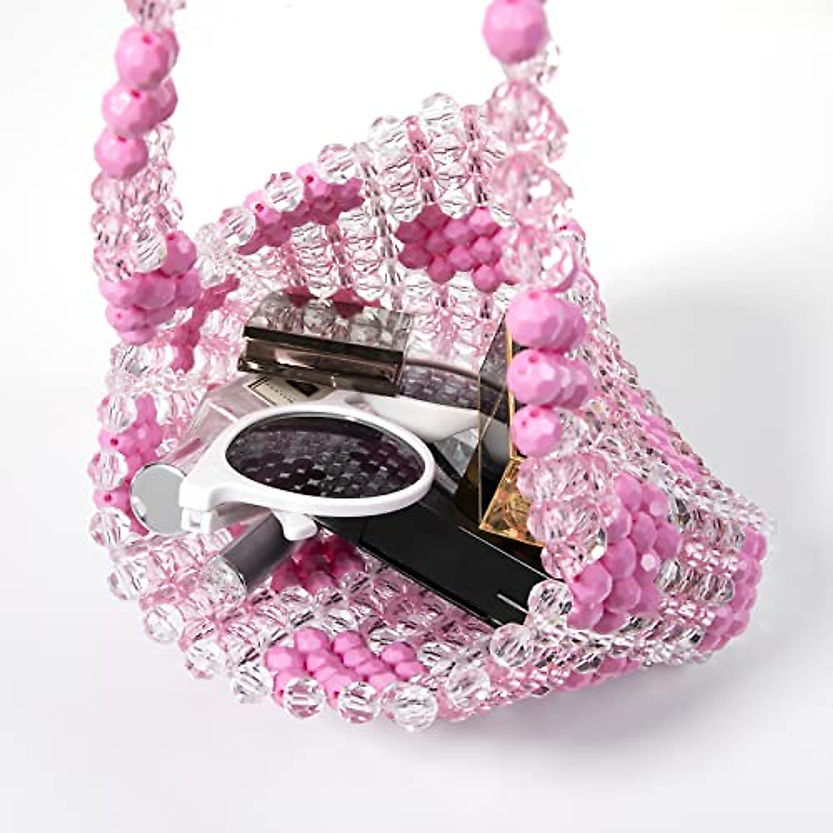 YUSHINY Women Pink Acrylic Beaded Diamond Shoulderbag Evening Message Bag for Evening Party