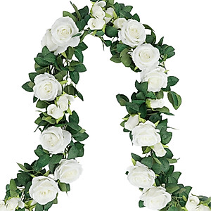 COCOBOO 26.2ft 4pcs White Rose Garland, Artificial Flower Vines, Fake Silk White Rose Garland, Hanging Floral Garland for Wedding Arch Ceremony Home Garden Outdoor Wall Decorations