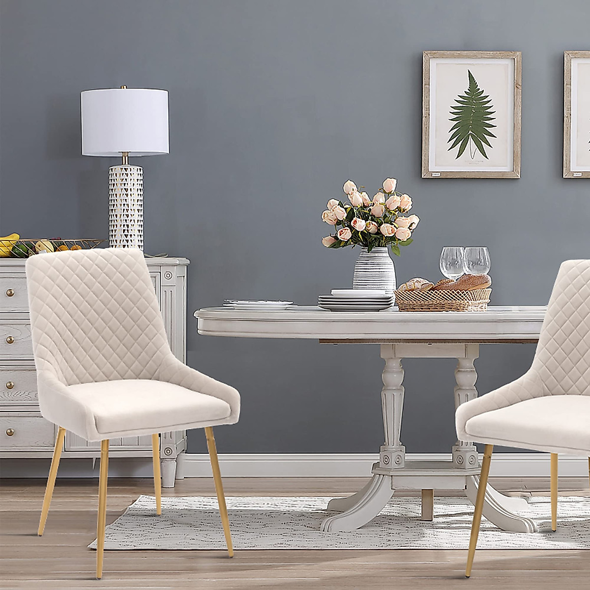 CangLong Mid-Century Velvet Upholstered Metal Legs for Kitchen, Dining, Living, Guest, Bed Room Side Chair, Set of 2, Beige