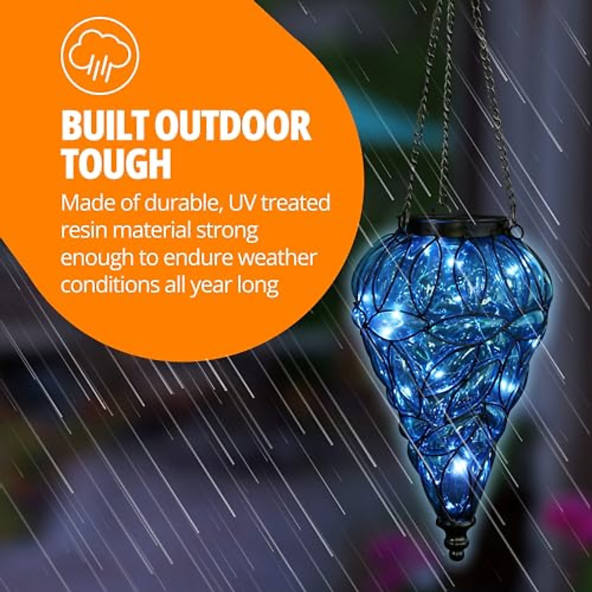 Exhart Outdoor Garden Solar Lights, Tear-Shaped Glass and Metal Hanging Lantern, 15 Firefly LED Lights, 7 x 24 Inch, Blue