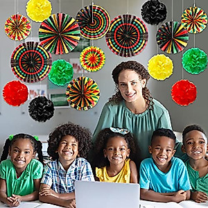 Outus 21 Pcs Black History Month Decorations Hanging Paper Fans Kente Classroom Decorations Juneteenth Tissue Paper Pom Poms for Garland Ceilings African American Holiday Celebration Party Supplies
