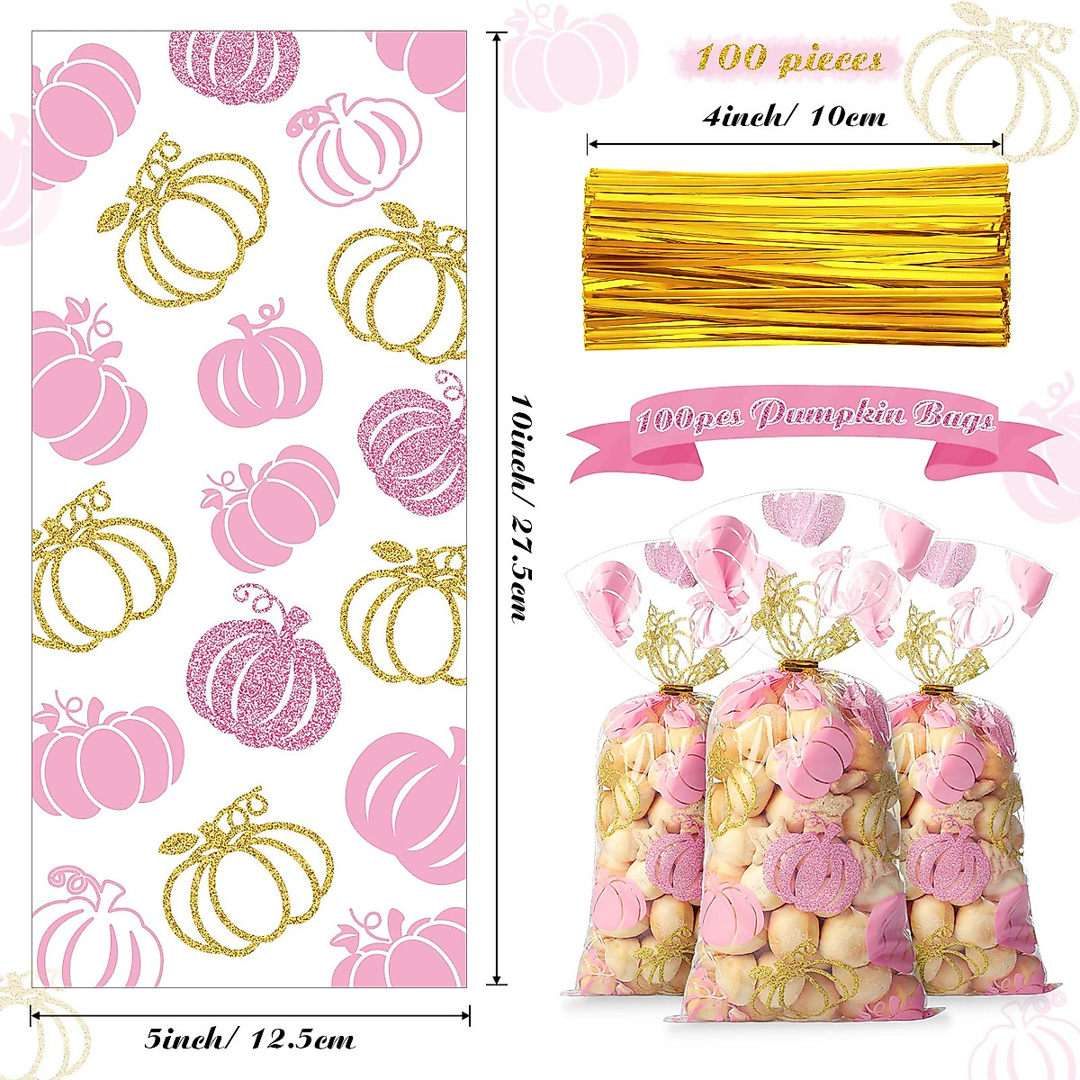 100 Pcs Little Pumpkin Bags Fall Cellophane Bags Plastic Pumpkin Candy Bags Pumpkin Cello Bags Goodie Treat Bags with Gold Twist Ties for Autumn Theme Party Supplies Thanksgiving Party Decorations