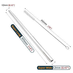 Super Big Drinking Straws Set 12" Extra Long 1/2" Extra Wide Reusable 304 Food-Grade 18/8 Stainless Steel for Frozen Drinks Boba Bubble Tea Smoothies and Shakes - Set of 2 with 2 Cleaning Brushes