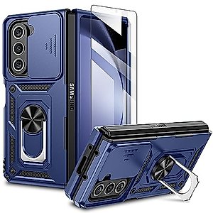 Goton for Samsung Galaxy Z Fold 5 Case with Slide Camera Cover & Screen Protector, Armor Phone Case Built-in 360° Rotate Ring Stand Heavy Protective for Samsung Z Fold 5 5G Case Accessories Blue