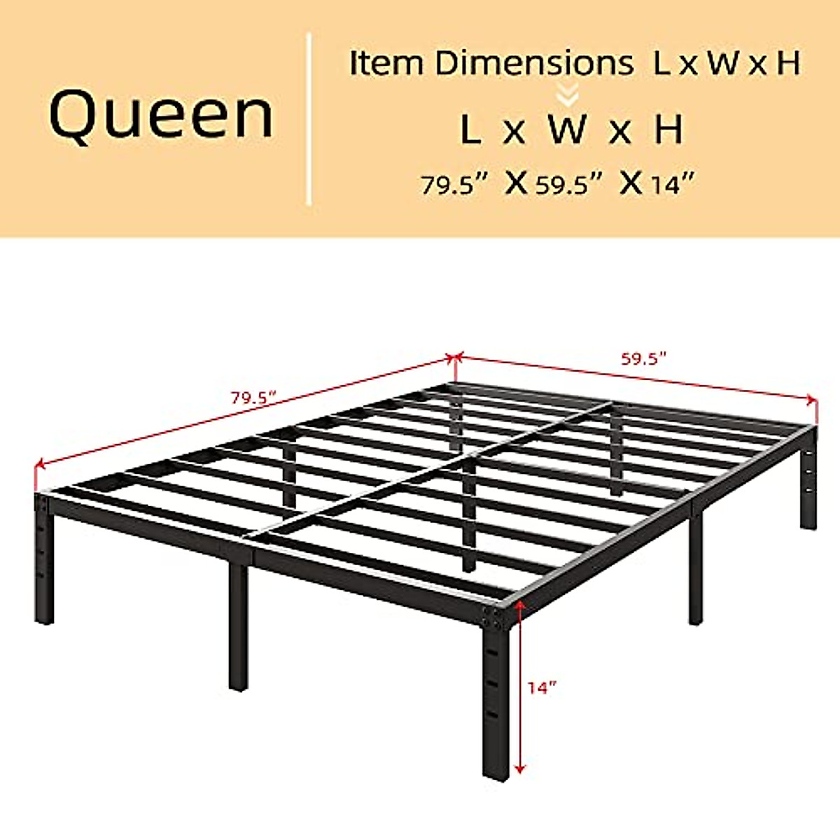XMhongsong 14 Inch Queen Size Bed Frame No Box Spring Needed, Heavy Duty Metal Platform Bed Frame, Easy Assembly, Noise Free, Black