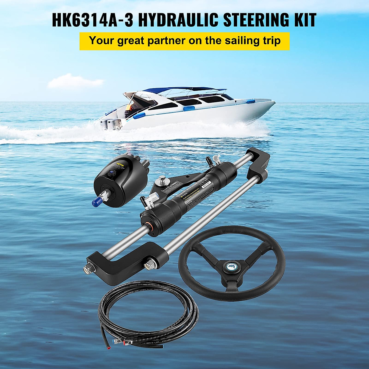 VEVOR Hydraulic Steering for Boats, 300HP Outboard Steering System Kit with Helm Pump, Cylinder, Steering Wheel and Hose