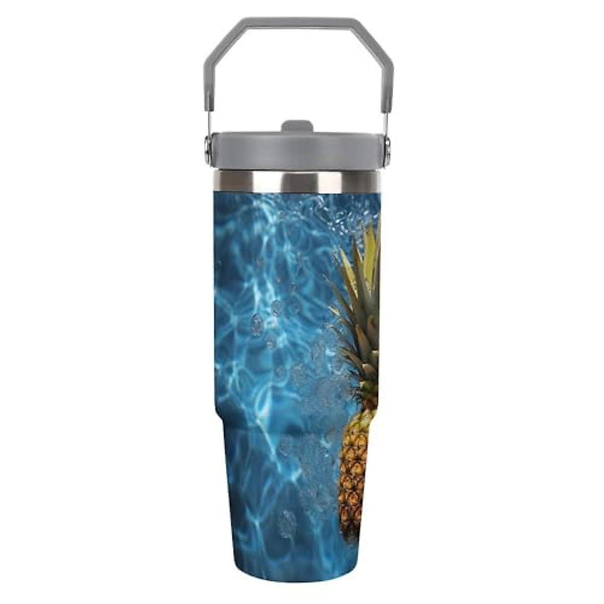 BWQJKUO Large Capacity Car Cup 30 Oz Stainless Steel Pineapple in The Pool Printed Travel Mug Leak-proof Flip Straw Tumbler with Handle,keeps Cold Or Ho