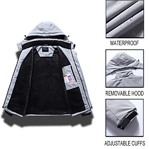 Pooluly Men's Ski Jacket Warm Winter Waterproof Windbreaker Hooded Raincoat Snowboarding Jackets Light Gray-M