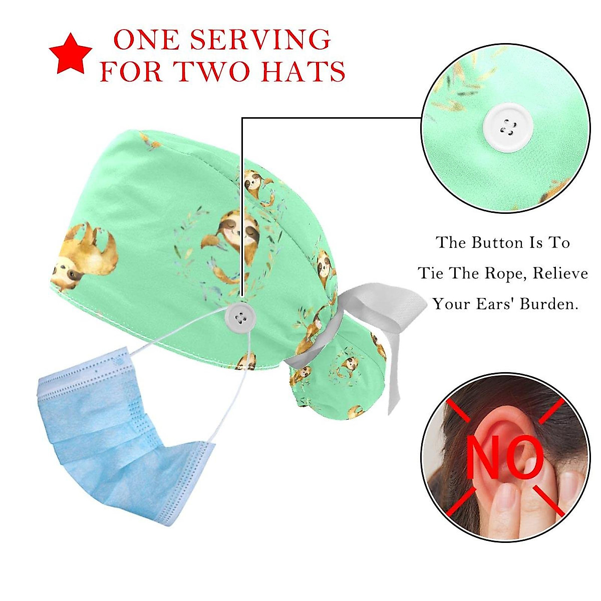 Cute Sloth Adjustable Working Cap with Ponytail Holder, 2 Packs Scrub Cap Bouffant Hat for Men & Women, One Size