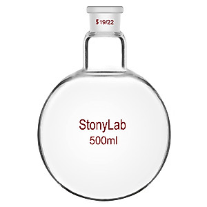 StonyLab Glass 500mL Heavy Wall Single Neck 1 Neck Round Bottom Flask RBF, with 19/22 Standard Taper Outer Joint - 500mL