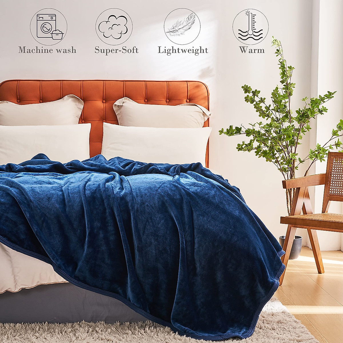 ELNIDO QUEEN Fleece Throw Blanket for Couch Navy Blue - 330GSM Lightweight Fuzzy Cozy Soft and Cooling Blankets for Sofa, Bed, 50x60 inches