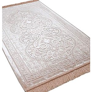 Modefa Velvet Prayer Rug - Soft Plush Turkish Janamaz Sajada Carpet for Men and Women - Plain Solid Prayer Mat Ramadan Eid Gift - with Prayer Beads - Floral Luxury Paisley (Blush Pink)