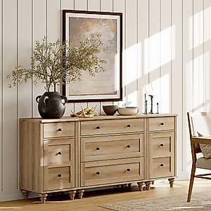 WAMPAT Dresser for Bedroom with 5 Drawers and 2 Storage Cabinet, End Table with Charging Station for Living Room, Mid Century Modern Kids Dressers with Wide Chest of Drawers for Nursery, Oak