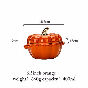 YUMUO Pumpkin Not-Stick Ceramics Dish,Fashion Creative Tableware Dessert Fruit Soup Bowl with Lid,for Cooking & Serving Orange