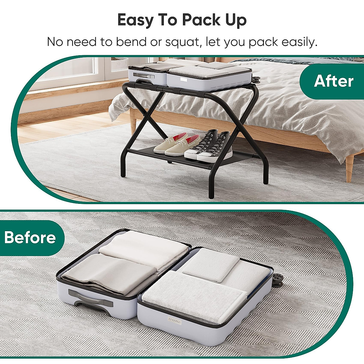 Smuxee Black Luggage Rack, Foldable Suitcase Stand with Fabric Storage Shelf, Luggage Holder with 4 Nylon Straps for Guest Room Bedroom Hotel