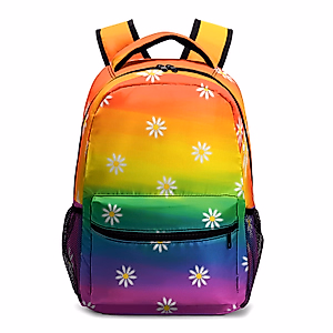 Dacawin Girls Backpack Rainbow Colorful Elementary School Backpacks Cute Daisy Flower Durable Bookbags Lightweight Travel Schoolbag for Kids Boys Teens