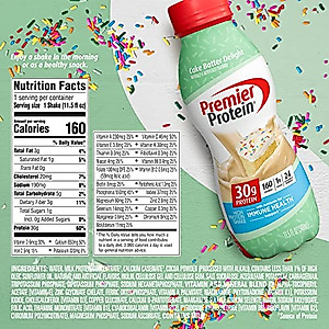 Premier Protein Shake, Cake Batter, 30g Protein, 1g Sugar, 24 Vitamins & Minerals, Nutrients to Support Immune Health, 11.5 Fl Oz, 12 Count