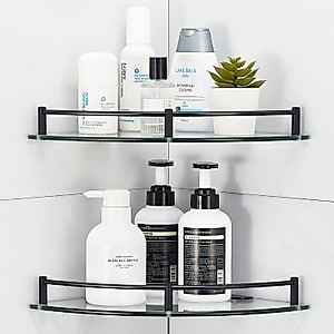 Halyuhn Bathroom Shower Corner Shelf, 9.5in Tempered Glass Bathroom Shelf for Bathroom Corner Shower Wall Mounted, 2 Tier Bathroom Organizers and Storage, Stainless Steel Rail