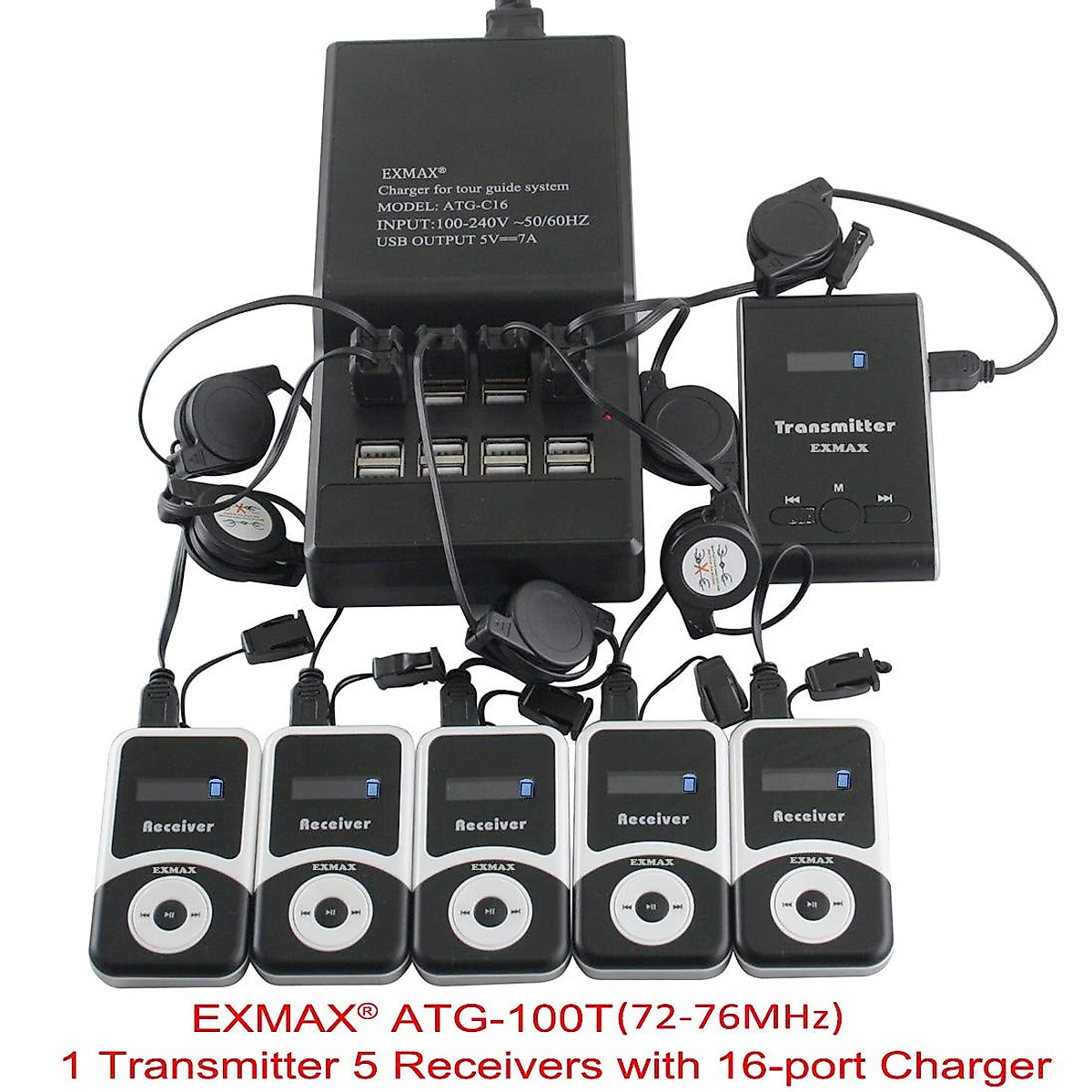 EXMAX® EX-100 Wireless Tour Guide System Microphone Earphone Audio Transmission for Church Translation Interpreting Silent Lecture Meeting City Tour (1 Transmitter 5 Receivers 16-ports Charging Base)