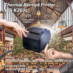 Thermal Receipt Printer, Washin WS-K260L, 80mm Receipt Printer with Auto Cutter and Support Cash Drawer, USB Ethernet Bluetooth, Windows MacOS Linux Android ESC/POS