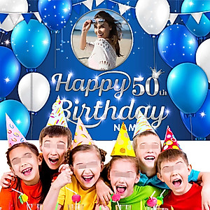 Custom Navy Blue Happy 50th Birthday Decoration Banner - Personalized with Photos and Names