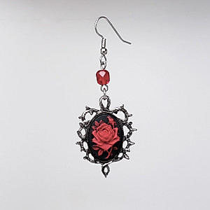 Gothic Red Rose Cameo Earrings Surrounded by Thorns with Red Bead