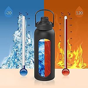 Kodrine Glass Water Bottles with Straw, 32 oz Water Bottle with 2 Lids - Handle Spout Lid & Bamboo Straw Lid, Motivational Water Bottle with Silicone Sleeve, Wide Mouth, Leakproof, BPA Free(Black)