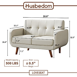 Husbedom 51 Inches Loveseat Sofa, Mid-Century Modern Mini Couch with Tufted Back for Small Living Room, Bedroom,Apartment, Dorm,Track Arms, Wooden Legs, Easy Assembly, Beige