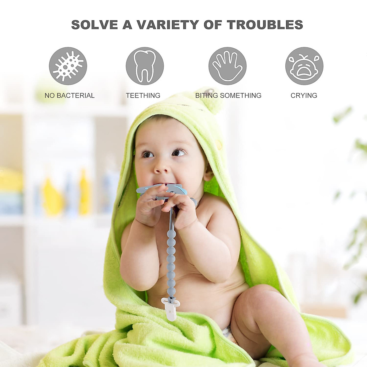 Baby Teething Toys for Babies 3-6 6-12 Months, Dinosaur Teether Pain Relief Toy with One Piece Design Pacifier Clip Holder Set, Freezer Safe Neutral Shower Gift for Boys and Girls (Grey)