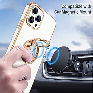 Hython Case for iPhone 14 Pro Case with Ring Stand [360° Rotatable Ring Holder Magnetic Kickstand] [Support Car Mount] Plated Gold Edge Slim Soft TPU Luxury Protective Phone Case Cover, White