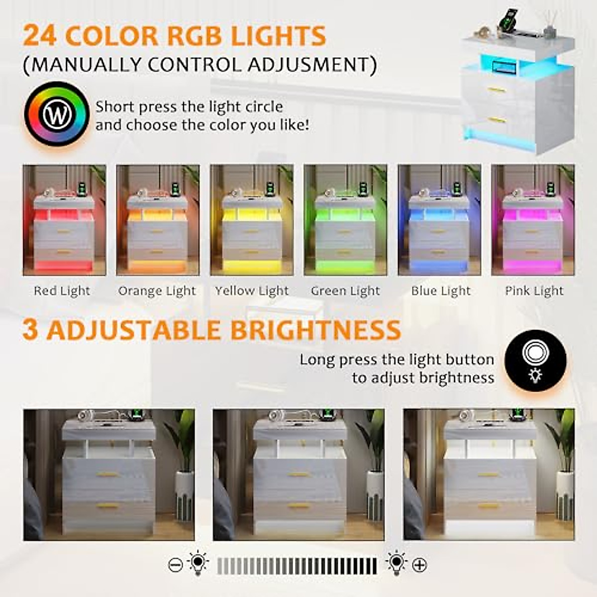 SKKTKT LED Nightstand with Charging Station, Modern White Bedside Table with Body Sensor Light, Night Stand with 2 Storage Drawers & 24 Color Changing, High Gloss End Table Bed Side Table for Bedroom