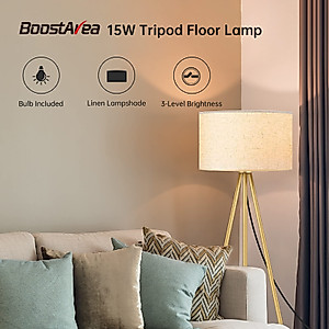 BoostArea Floor Lamp for Living Room, Tripod Floor Lamp, 15W LED Bulb, 3 Levels Dimmable Brightness, Linen Lamp Shade, Mid Century Standing Lamp for Living Room, Bedroom, Study Room and Office(Gold)
