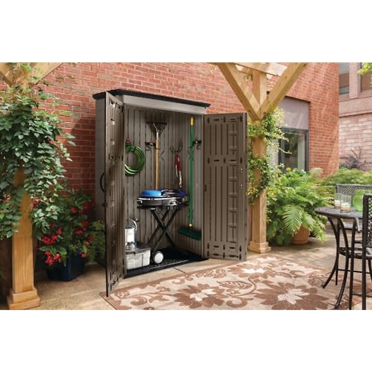 Rubbermaid Vertical Resin Outdoor Storage Shed, With Floor (4 x 2.5 Ft), Weather Resistant, Brown, Organization for Home/Backyard/Garden Tools/Porch/Patio Cushions/Pool Chemicals/Toys