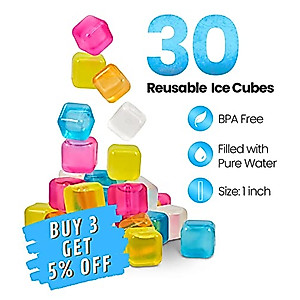 Reusable Ice Cubes For Drinks - Chills Drinks Without Diluting Them - Made From BPA Free Plastic - Refreezable, Washable, Quick And Easy To Use - Pack Of 30 With Storage Container by Efiwasi