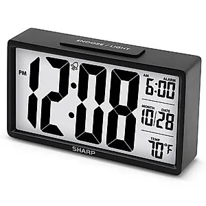 SHARP Alarm Clock with Easy to Read 2.8'' Jumbo Screen with Indoor Temperature, Nightlight, Calendar, Battery Operated Digital Clock for Bedrooms or Travel, Black (SPC5026AMZ)