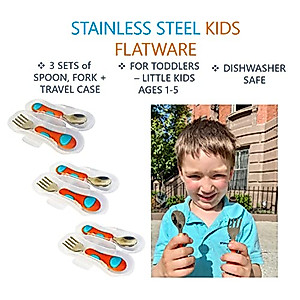 Kids Utensils Toddler Silverware Set x 3 - Stainless Steel Fork Spoon with Travel Case. Metal Cutlery for 1 2 3 4 years old Baby Boy Girl, Round Handle for Lunch-Box, 6 Pieces Orange Blue