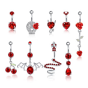 Sanfenly Belly Button Rings for Women 14G Stainless Steel Belly Rings Navel Rings Cute Snake Devil Heart Flower Dangle Belly Button Piercing Jewelry