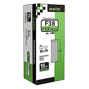 meite F38 18 Gauge 1-1/2 Inch Leg Length Galvanized Brad Nails Ideal for Upholstery, Trims, Molding, Woodworking 5,000 PCS/Box (1 Box)